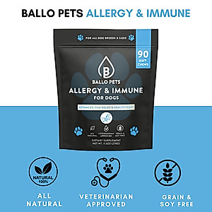 Ballo Pets Allergy & Immune Chews for Dogs - Itch Relief for Dogs - Dog Seasonal Allergies- Skin and Coat Supplement - Omega 3, Pumpkin Powder, Turmeric Root, Quercetin- 90 Soft Chews- Salmon Flavor