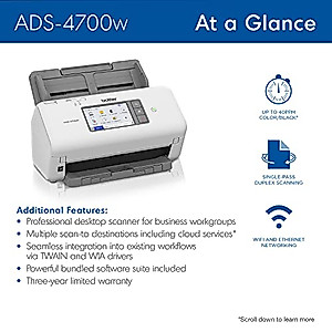 Brother ADS-4700W Professional Desktop Scanner with Fast Scan Speeds, Duplex, Wireless, and Large Touchscreen