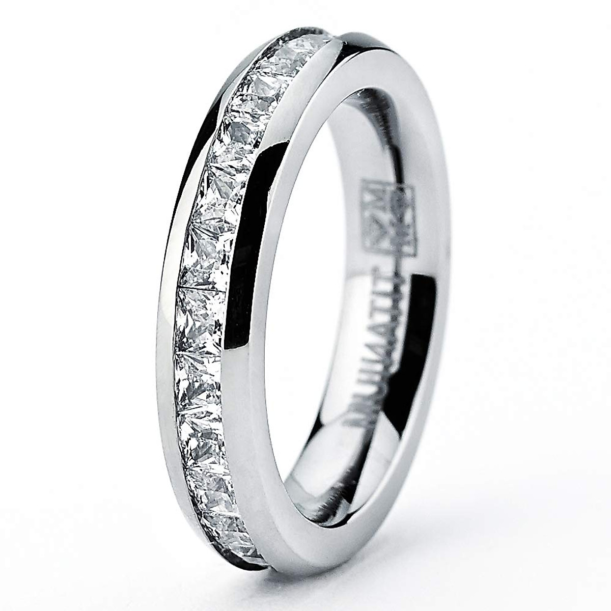 Metal Masters 3MM High Polish Princess Cut Ladies Eternity Titanium Ring Wedding Band with Cubic Zirconia CZ Size 7