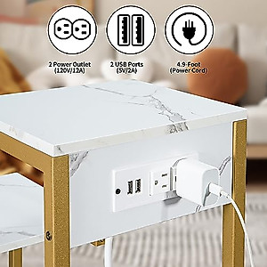 Snughome End Table with Charging Station, Narrow Side Table, 3 Tier Modern Nightstand with USB Ports and Outlet, Sofa Beside Table for Living Room, Bedroom，White and Gold