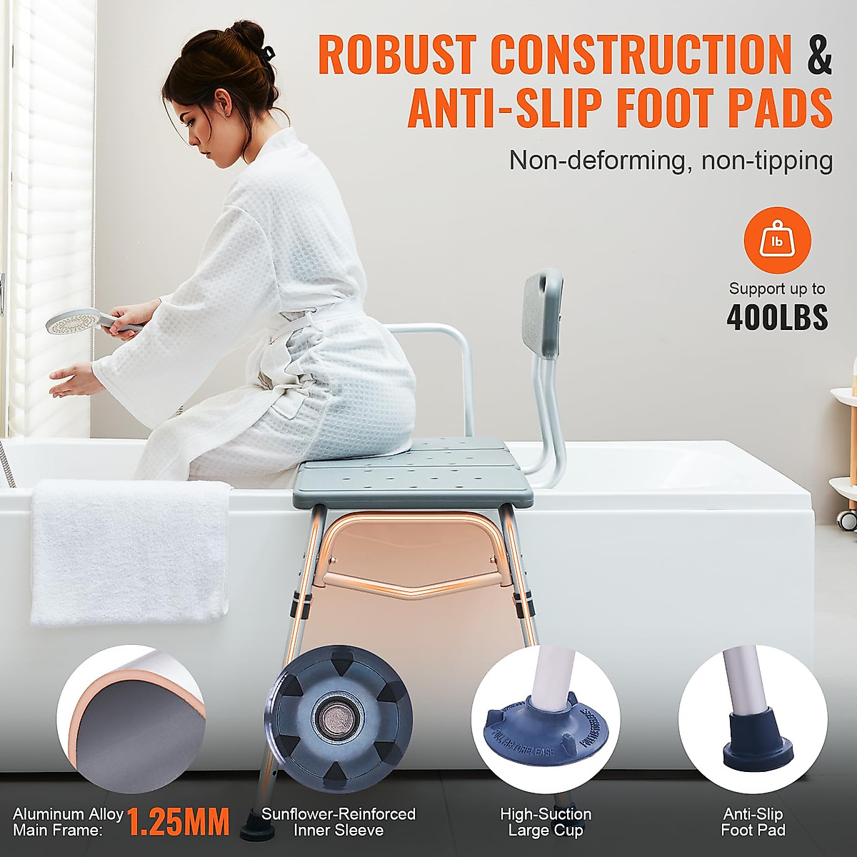 VEVOR Tub Transfer Bench for Bathtub, Adjustable Shower Seats for Adults, Lightweight Shower Bench for Elderly and Disabled, Non-Slip Bath Seats with Armrest and Reversible Backrest, 400lbs Capacity