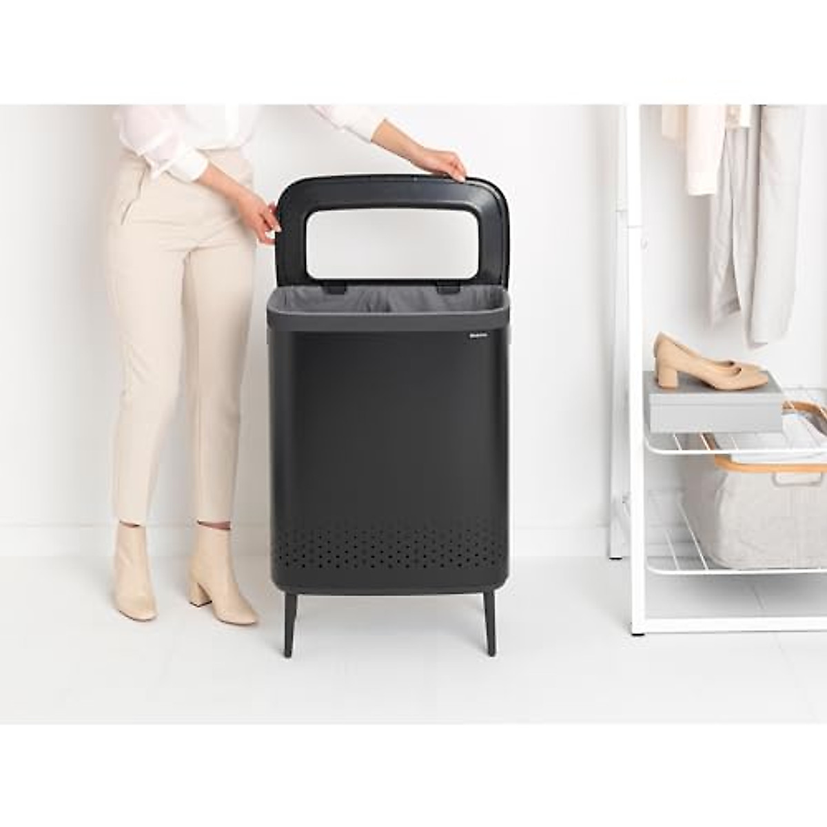 Brabantia Bo Laundry Hamper Hi (Matt Black) 2 Compartment Removable Laundry Bag 2 x 12 Gal, Ventilated Stylish Dirty Clothes Holder, Flat Back, Off-the Ground, Anti-Rust Materials for Bathroom Use