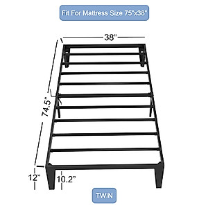 FIRSTHOMES Bed Frame/ Twin Bed/ Twin Platform Bed Frame / Twin Size Metal Bed Frame with Steel Slats / No Box Spring / 12" Metal Bed Frames / Easy Assembly/ Without Headboard- Black