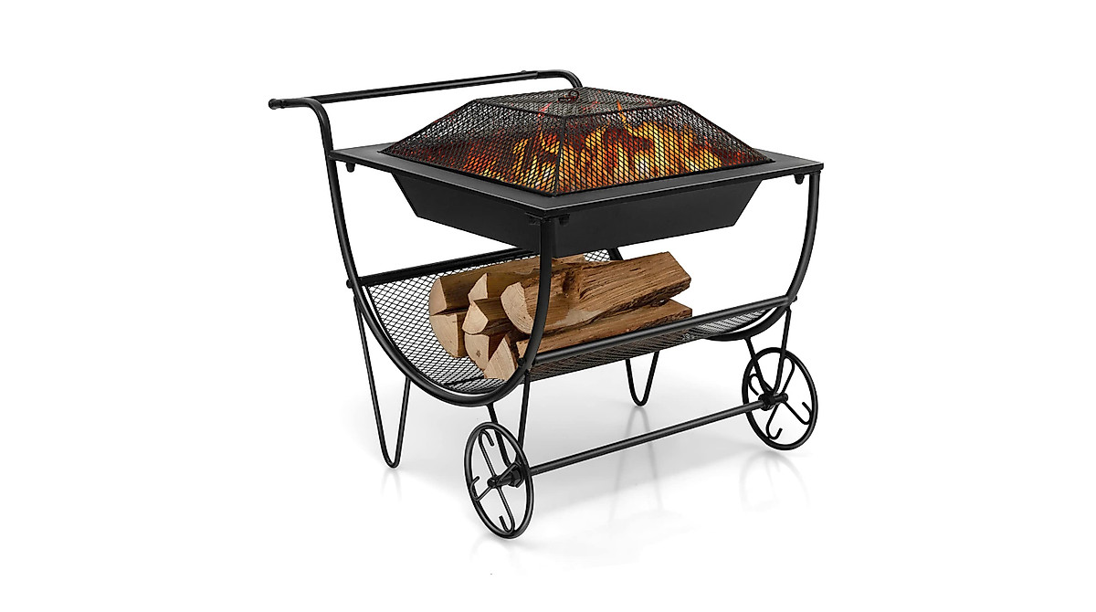 Tangkula Outdoor Fire Pit with Wheels and Firewood Log Rack, Patio Wood ...