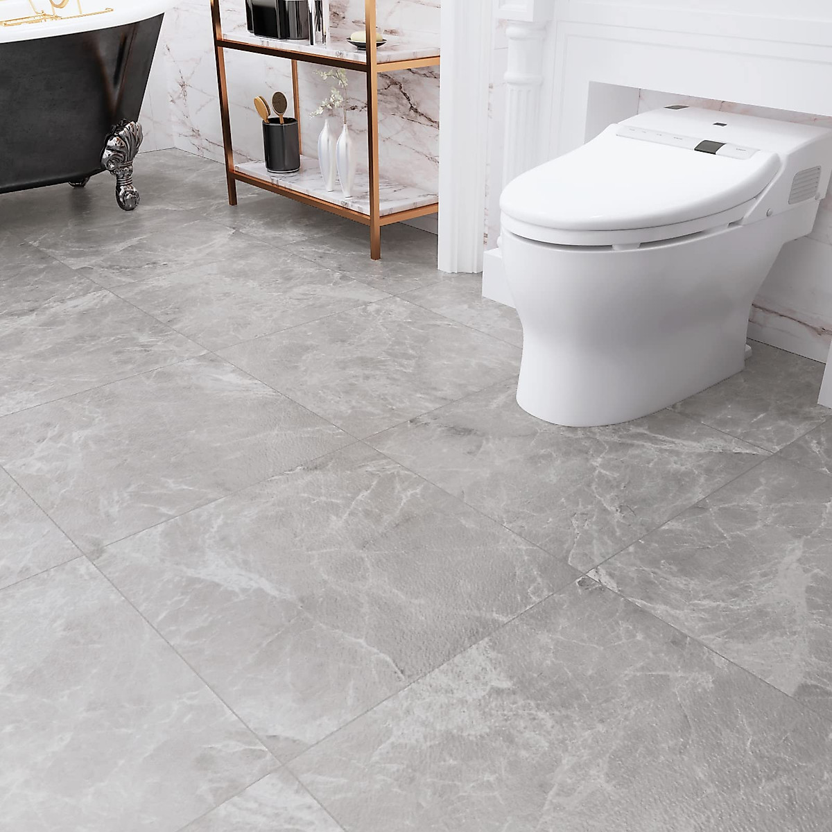 WESTICK Grey Marble Vinyl Flooring Peel and Stick Floor Tile Thick Waterproof Marble Flooring Tiles Removable Waterproof Vinyl Tile for Floor Kitchen Bedroom Bathroom Living Room 5 PCS 12 x 12 in