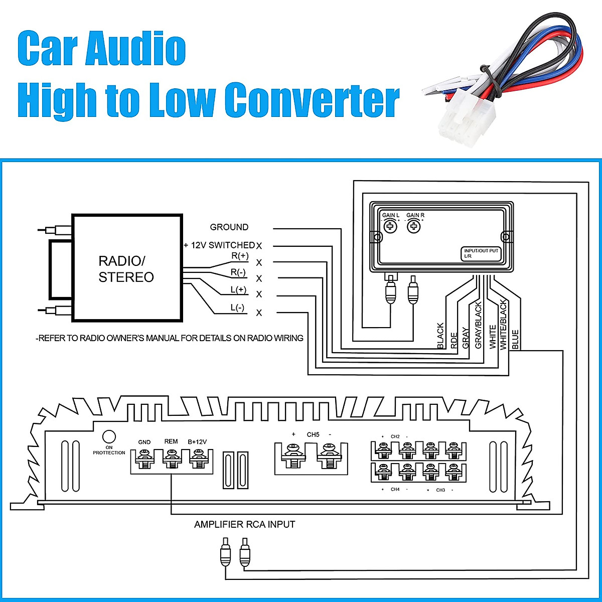 Acouto Car Audio Converter Stereo High to Low Frequency Speaker Level Converter Auto Amp Subwoofer Amplifier CD Player High to Low Adapter with Control Wire