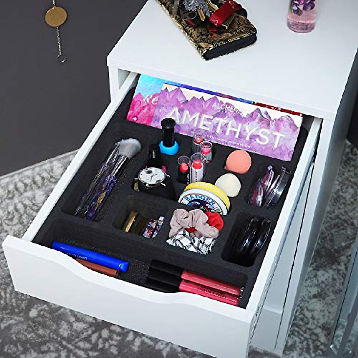 Polar Whale Makeup Drawer Organizer Compatible with IKEA Alex Tray Washable Waterproof Foam Insert for Home Bathroom Bedroom Office 11.5 x 14.5 Inches 14 Compartments for Cosmetics Black