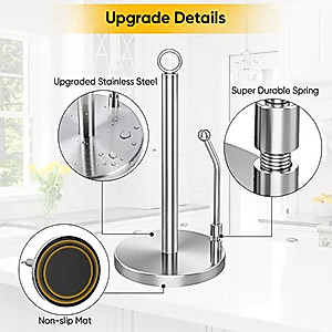 Paper Towel Holder Stainless Steel - One Hand Tear Paper Towel Dispenser Standing Weighted Base Non Slip, Spring Arm, Stainless Steel Paper Towel fits in Kitchen Bathroom Countertop Silver
