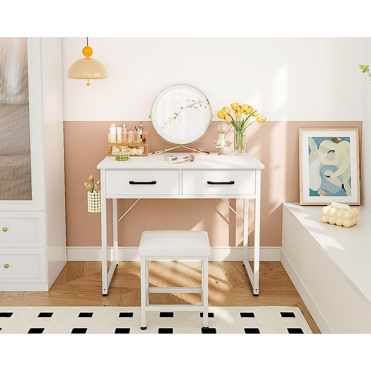 AODK Vanity Desk with 2 Fabric Drawers, 32 Inch Makeup Vanity Without Mirror, Small White Vanity Desk for Bedroom, Makeup Vanity Table with Chair, Kids Girls Vanity Set, White