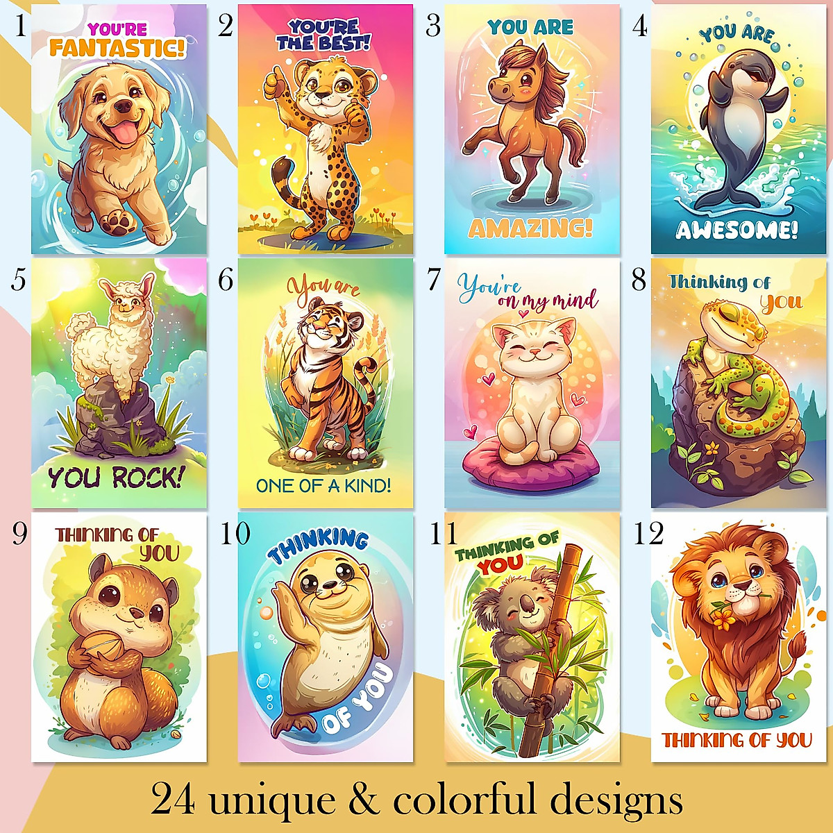 Hat Acrobat 24 Funny Greeting Cards Assortment Box with Envelopes - Funny Thinking of You Cards 24 Unique Designs - Funny Thank You Cards for Coworkers, Friends, Kids, Teachers (Animals)