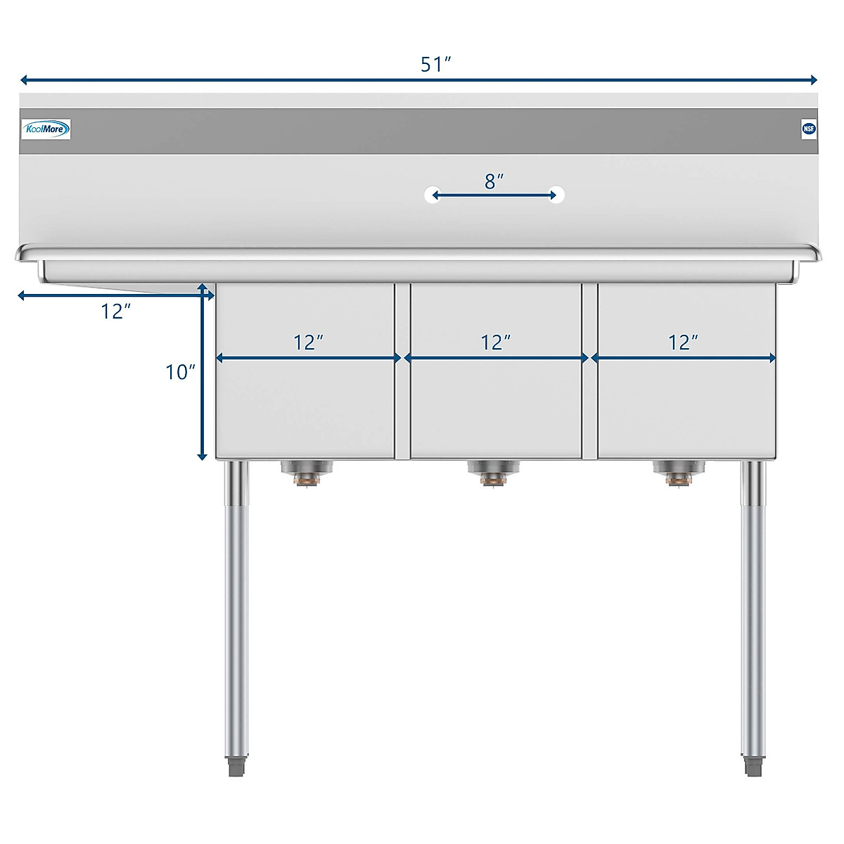 KoolMore 3 Compartment Stainless Steel NSF Commercial Kitchen Sink with Drainboard - Bowl Size 12" x 16" x 10",Silver