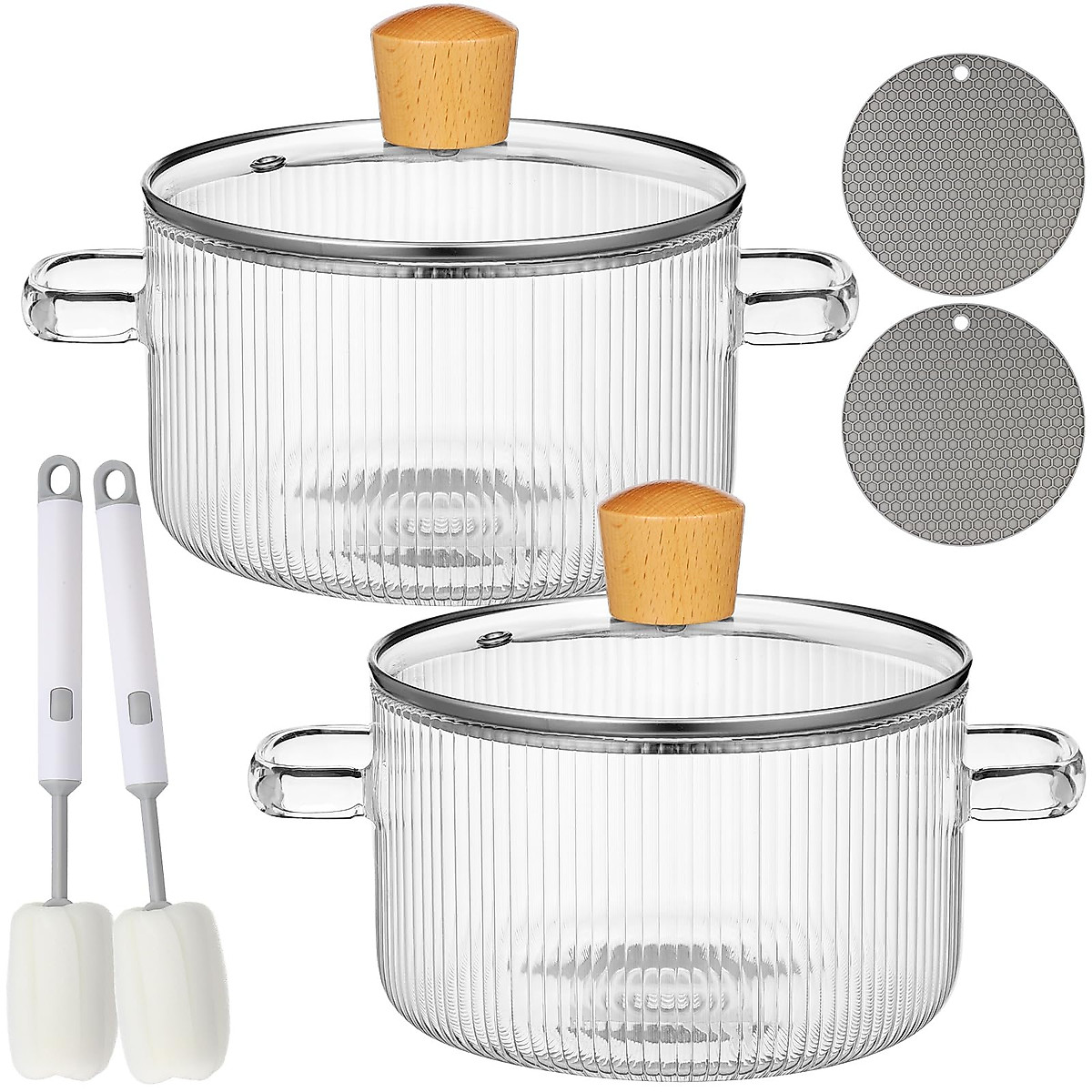 Tioncy 2 Pcs Clear Glass Pots for Cooking on Stove 1.3 L 44 oz Glass Saucepan with Lid Handle Simmer Pot Handmade Cookware Borosilicate Glass Cooking Pot with Brushes and Silicone Mats (Ribbed)