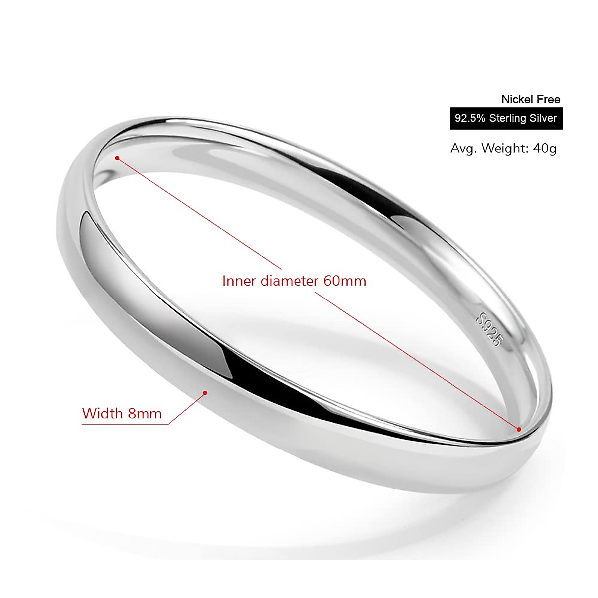 Meilanduo Solid 925 Sterling Silver 8mm High Polished Smooth Circle Bangle Bracelet for Women (Silver-Tone, 60mm for Small)