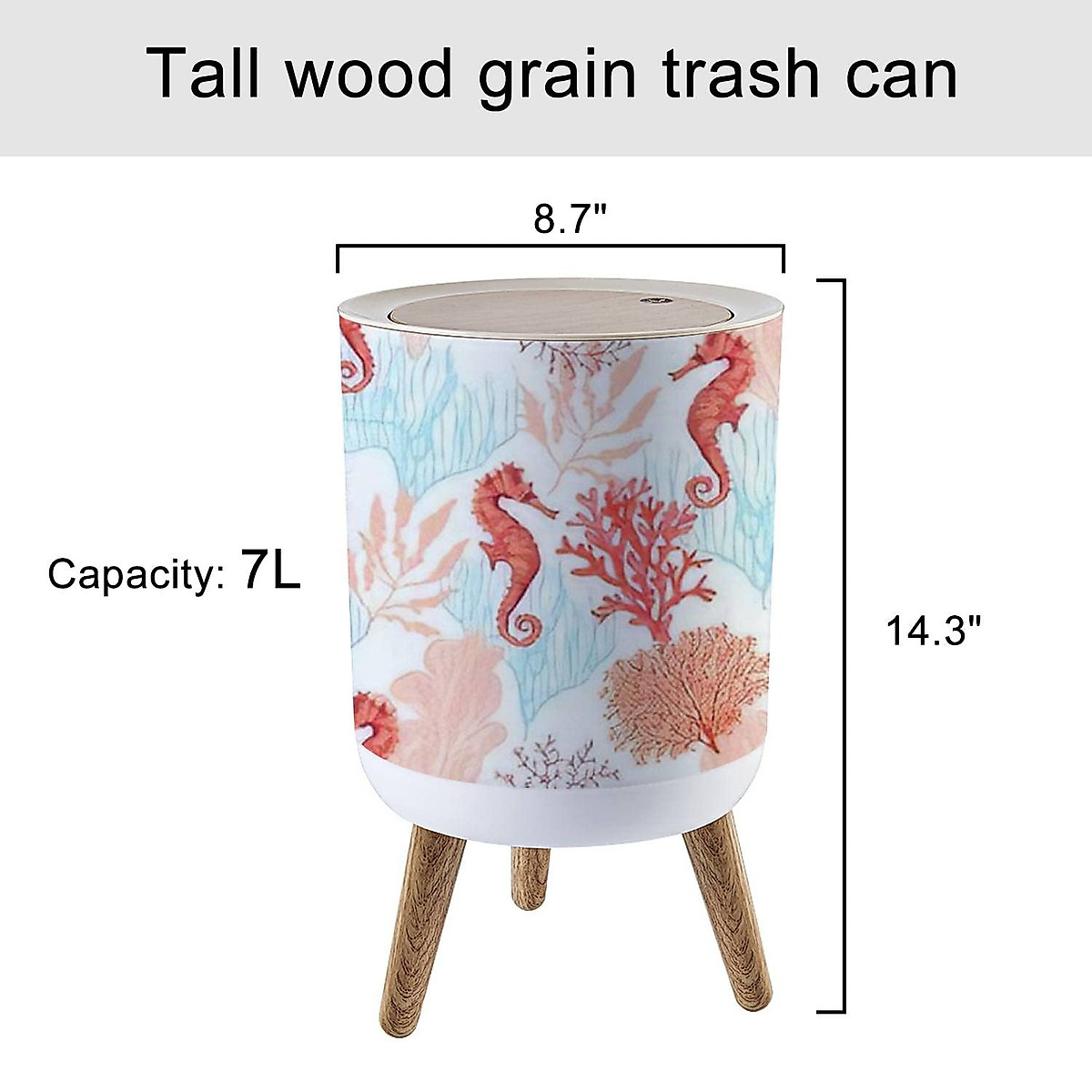 Small Trash Can with Lid Beautiful seamless tropical with corals sea horse Abstract geometric Round Recycle Bin Press Top Dog Proof Wastebasket for Kitchen Bathroom Bedroom Office 7L/1.8 Gallon