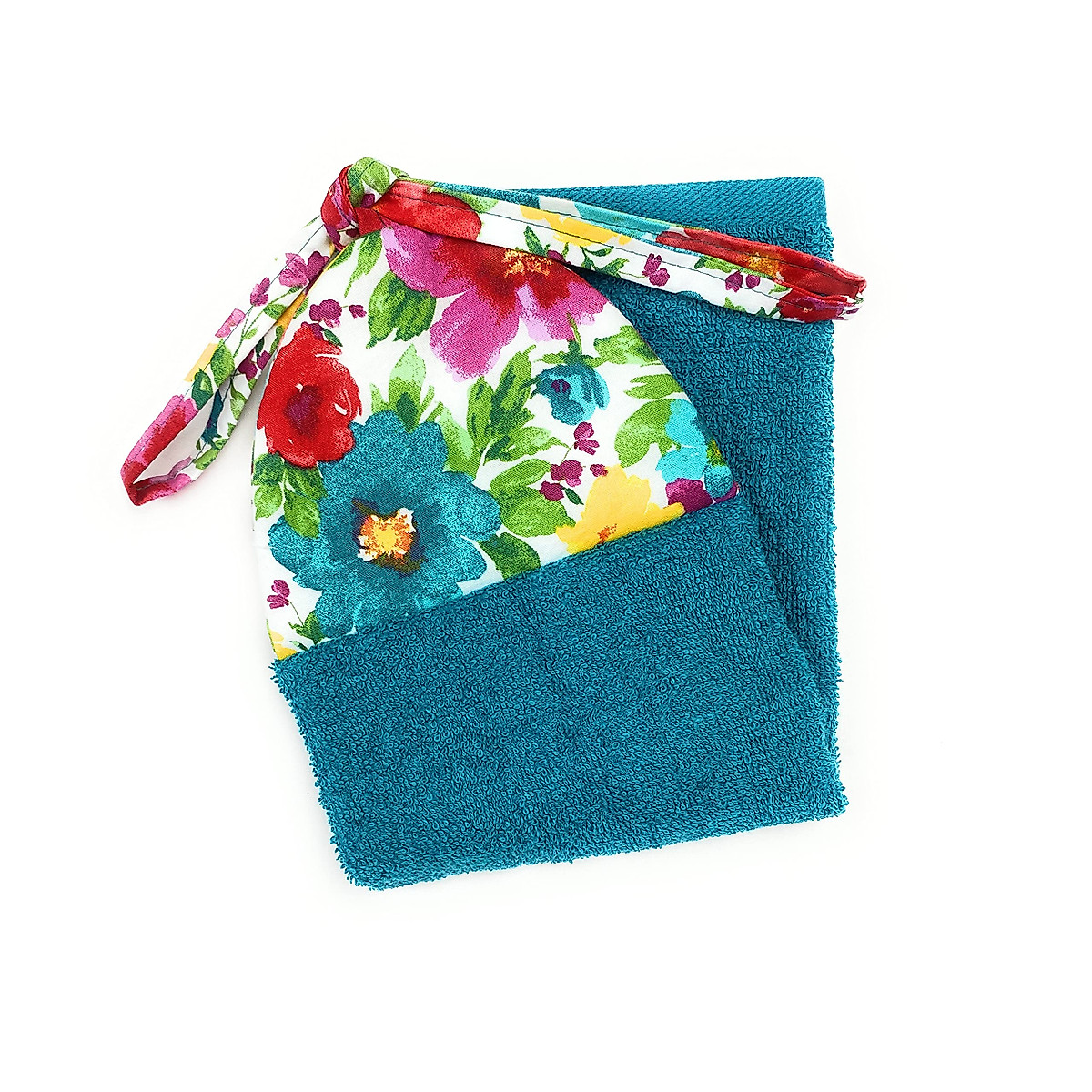 Red Pink Yellow Floral Flowers with Teal Turquoise Green Leaves Ties On Stays Put Kitchen Hanging Loop Hand Dish Towel and Set of 2 Square Pot Holders Hot Pads Trivets Hostess Housewarming Gift