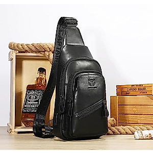 BULLCAPTAIN Leather Sling Chest Bag for Men Outdoor Hiking Travel Crossbody Bag Backpack with USB Charging Port (Black)