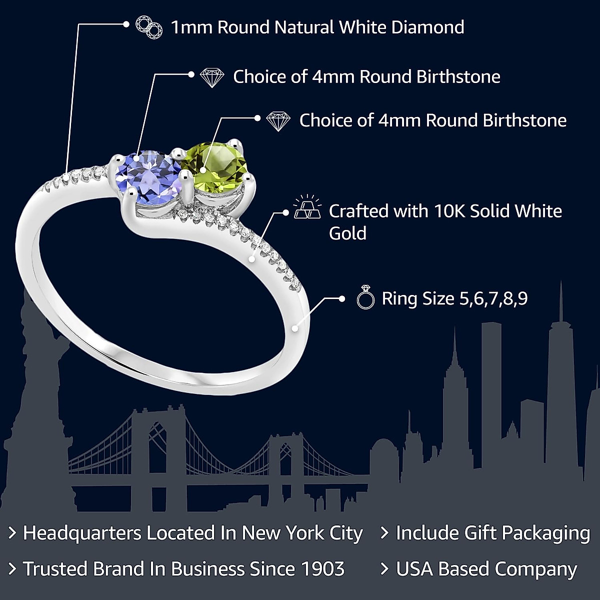 Gem Stone King 10K White Gold Customized and Personalized 2 Gemstone Birthstone and White Diamond Engagement Ring | Wedding Anniversary Promise Ring For Women | Size 5,6,7,8,9