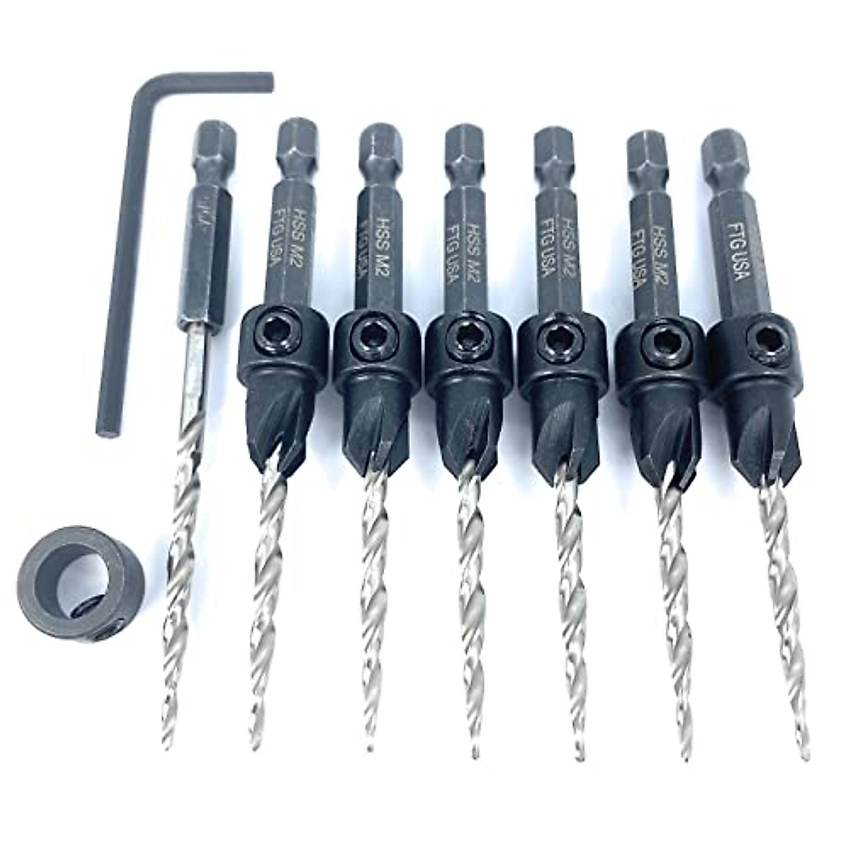 FTG USA Countersink Drill Bit Set 6 Pc #6 (9/64") Wood Countersink Drill Bit, Pro Pack Countersink Bit, 1 Extra Tapered Drill Bit for Countersink, 1 Stop Collar, 1 Hex Wrench