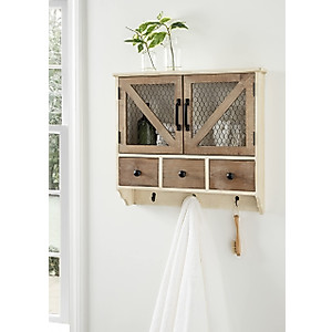 Kate and Laurel Hutchins Wooden Farmhouse Wall Cabinet, 21 x 6 x 20, Rustic Brown and White, Decorative Rustic Cabinet with Three Drawers and 2 Chicken Wire Doors
