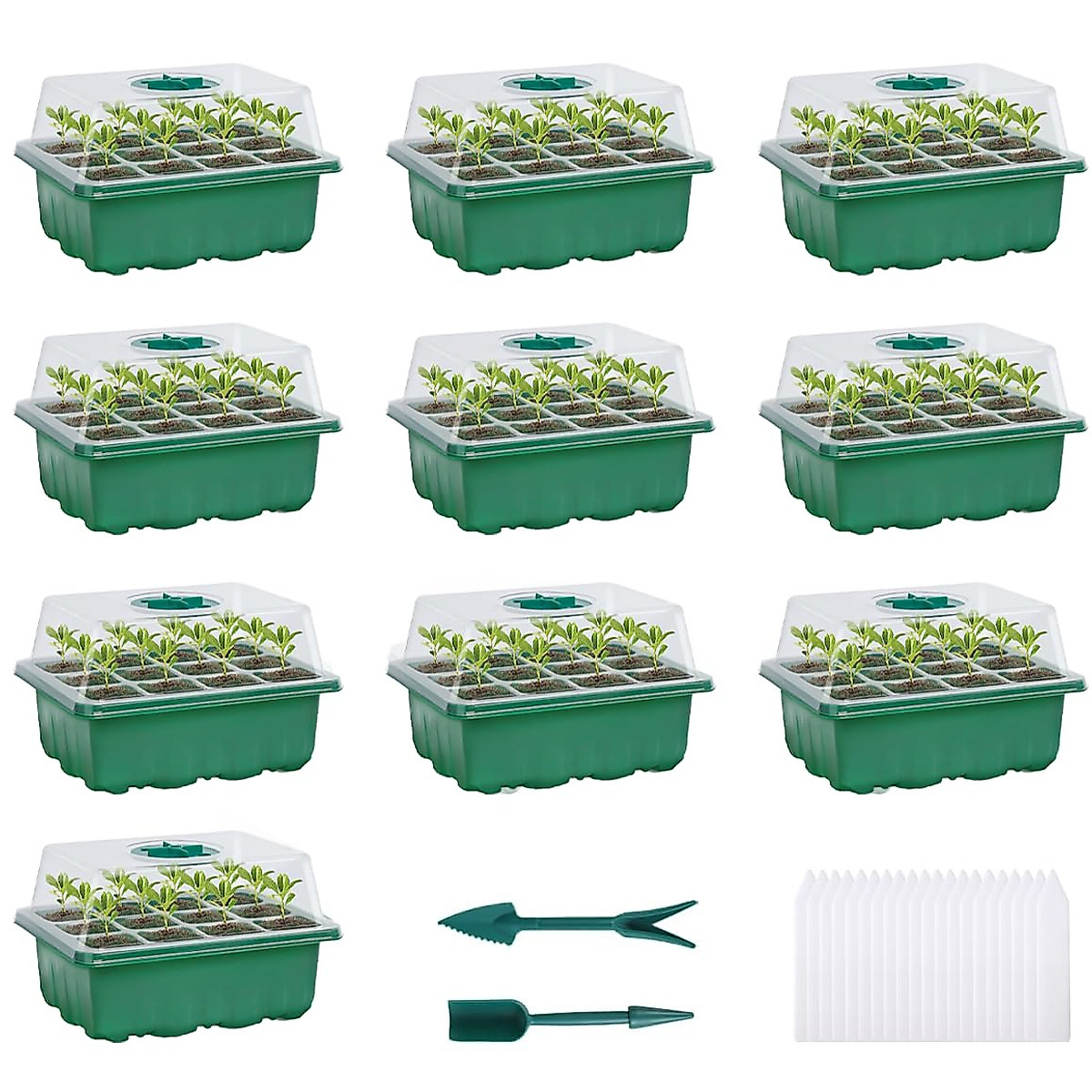 Seed Starter Trays, 12 Cells x 10 Packs Humidity Adjustable Plant Grow Kit with Dome and Base for Greenhouse & Gardens(120 Cells Total Tray)