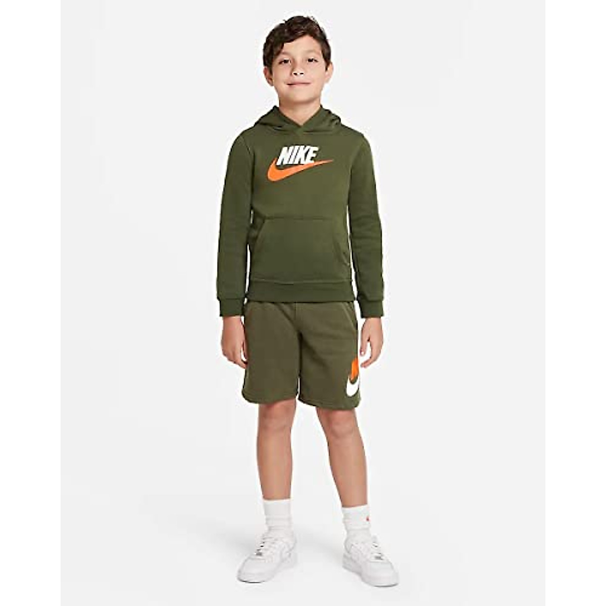 Nike Sportswear Club + HBR Fleece Shorts (Big Kids) (Medium, Medium Olive/Total Orange/White)