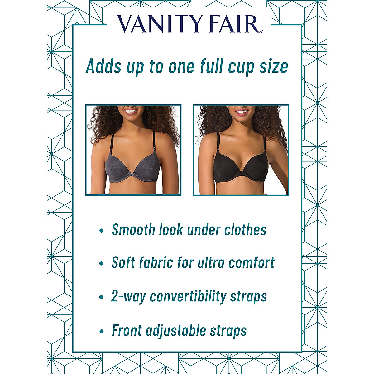 Vanity Fair Ego Boost, Adds Up to One Full Cup Size, Underwire Push Up Bras for Women, Tenderness Jacquard, 38B