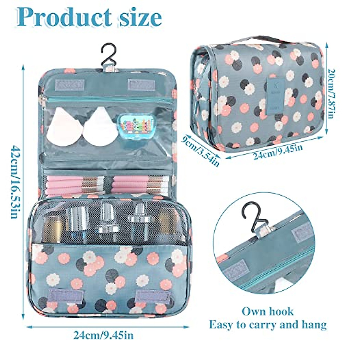 Pengxiaomei Toiletry Bag, Waterproof Hanging Cosmetic Bag Portable Travel Makeup Pouch Multifunction Handle Travel Toiletry Bag Organizer with Hook for Women Girls(Blue)