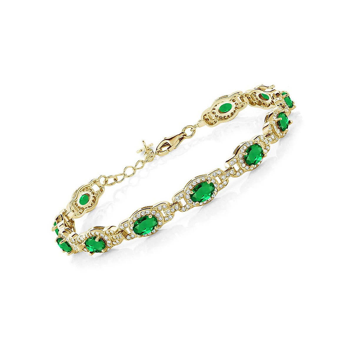 Gem Stone King 18K Yellow Gold Plated Silver Green Simulated Emerald Tennis Bracelet For Women (8.00 Cttw, Oval 6X4MM, 7 Inch With 1 Inch Extender)