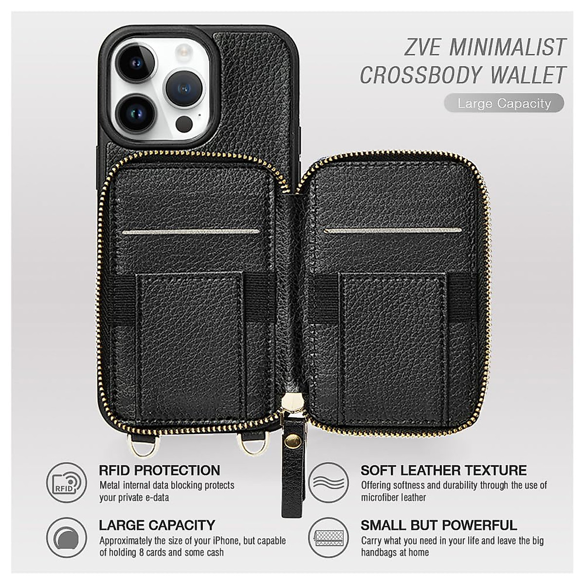 ZVE for iPhone 15 Pro Wallet Case Magsafe, Crossbody Magnetic Phone Case with Card Holder Wrist Strap for Women, Zipper Leather RFID Blocking Cover for iPhone 15 Pro, 6.1"-Black