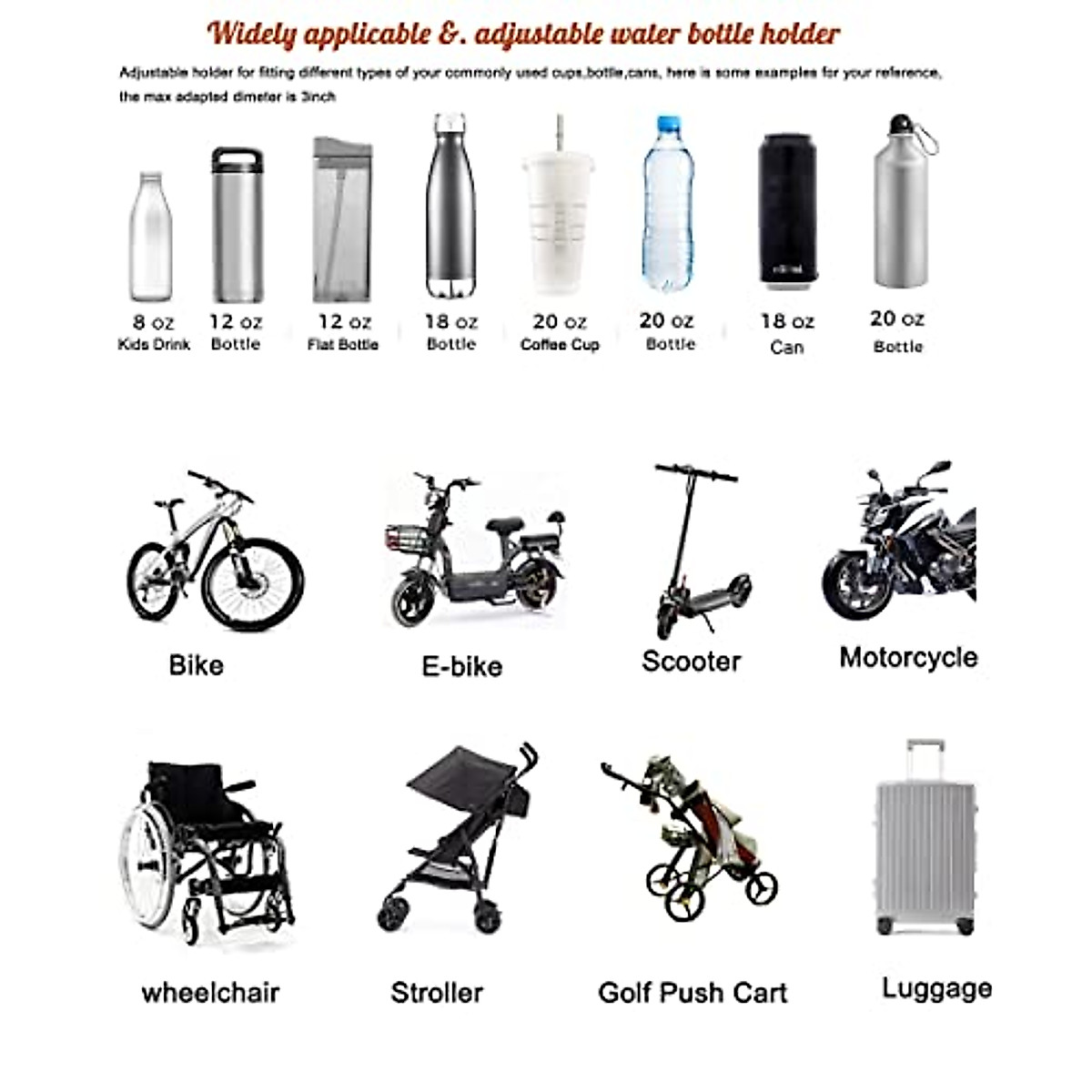 Cup Holder, 2PCs Bike Water Bottle Holder, Elooba Upgraded 360° Adjustable Stroller Cup Holder for Bike, Baby, Luggage, Walker, Multiple Use