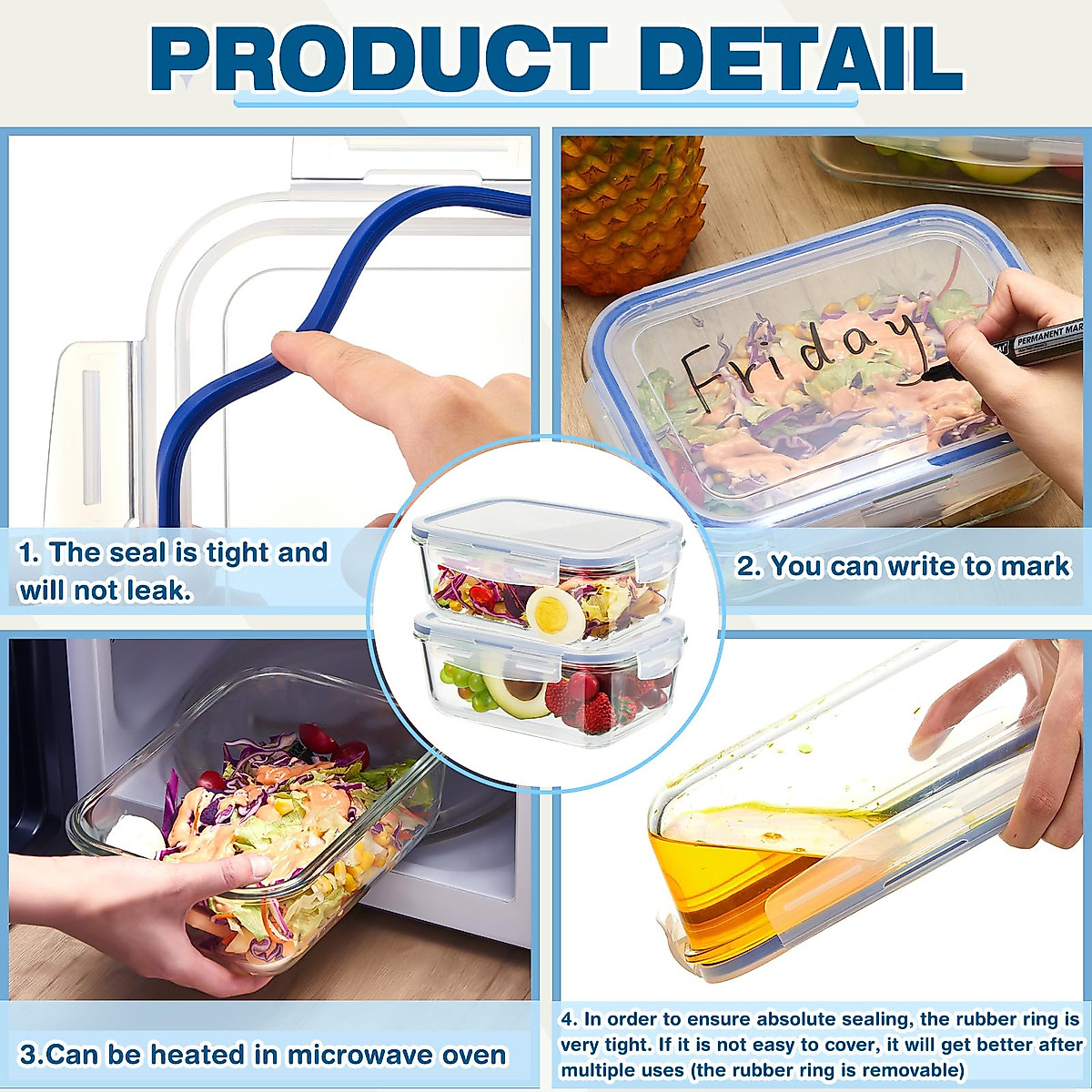 Blushtier 4 Set 8 Cup Large Glass Storage Containers Airtight 63 oz Food Bento Boxes Sets with Lids Kitchen Storage Containers Glass Cookie