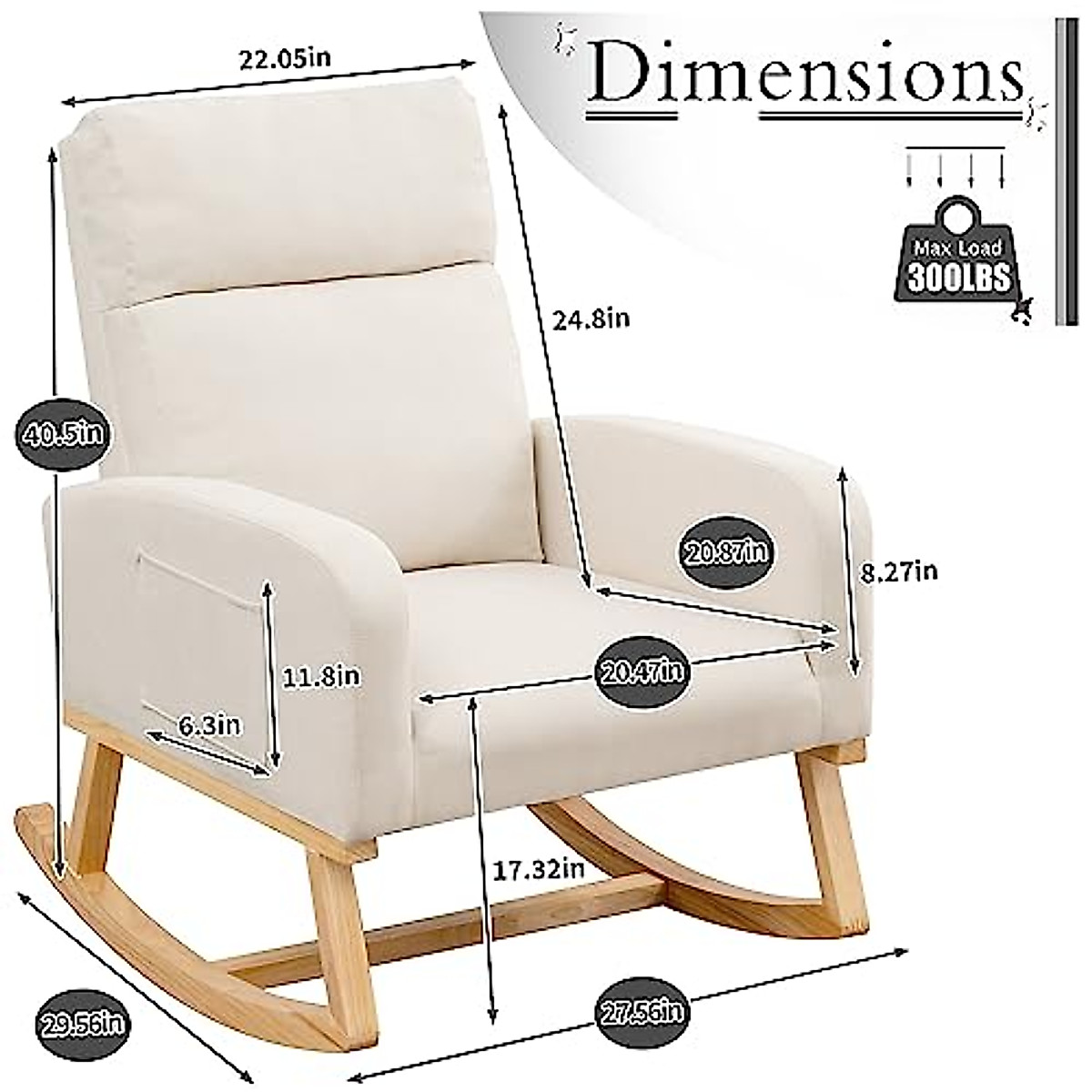 HOMYKA Rocking Chair Nursery Upholstered Glider Chair with Rubber Wood Legs Side Pocket, Rocker Accent Armchair for Living Room,Beige