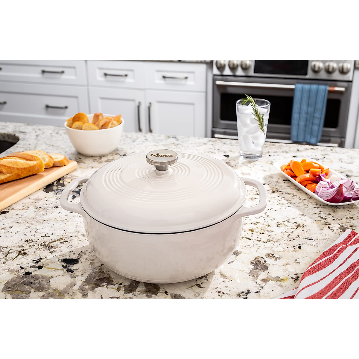 Lodge 6 Quart Enameled Cast Iron Dutch Oven with Lid – Dual Handles – Oven Safe up to 500° F or on Stovetop - Use to Marinate, Cook, Bake, Refrigerate and Serve – Oyster White
