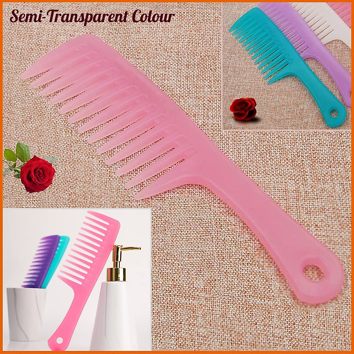 2 PCS Ancgreen Wide Tooth Comb Detangling Comb Shower Comb with Hook Hair Comb Brush for Women Curly/Wet/Dry/Long/Thick Hair (Pink)