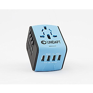 Unidapt Universal Travel Adapter, International Plug Adapter Fast 2,4A 4-USB European Power Plug, AC Wall Charger – Worldwide Outlet for Europe US USA UK EU AUS, Blue