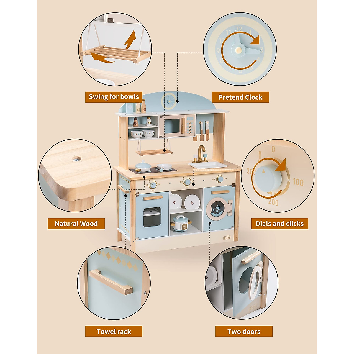 ROBUD Kids Kitchen Playset Wooden Kids Play Kitchen Set Pretend Play for Toddlers Boys Girls