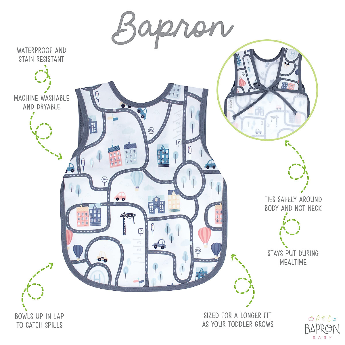 BapronBaby Tiny Town Bapron - No Neck Tie Safer Bib for Baby & Toddler - Soft Waterproof Stain Resistant - Machine Washable - Sz Preschool 3-5yrs