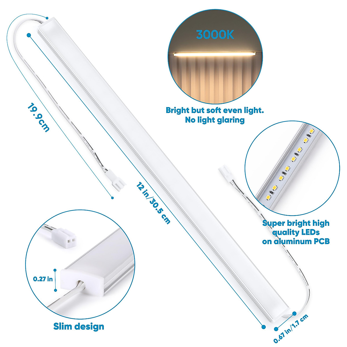 Litever Under Cabinet Lighting Kit Plug in, 6 pcs 12 Inches LED Light Bars. Super Bright Dimmable Linkable for Kitchen Undercabinet Counter Top Shelf Pantry Closet Display Lighting. Warm White 3000K