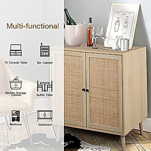 QHITTY Rattan Sideboard Buffet Cabinet, Accent Kitchen Storage Cabinet Console Table with Adjustable Shelves for Living Room, Dining Room, Bedroom (Natural)