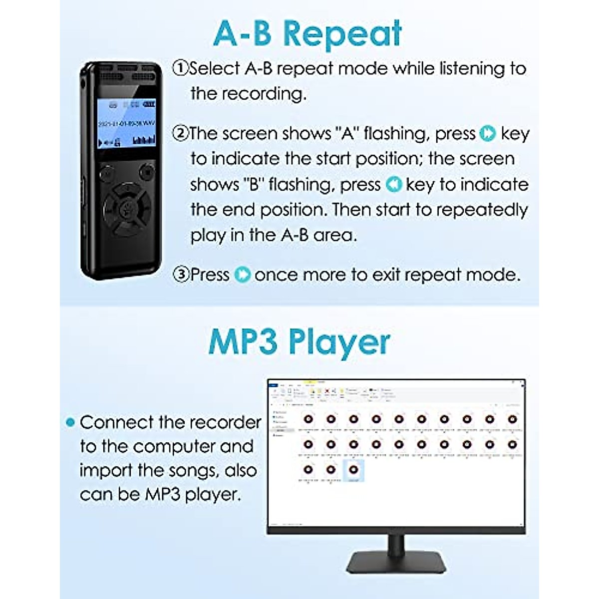 64GB Digital Voice Recorder, Wevoor Voice Activated Recorder with 560mAh Large Capacity Battery, Professional Recording Device with Playback, Password, Timed recording, Repeat, Variable Speed Playback