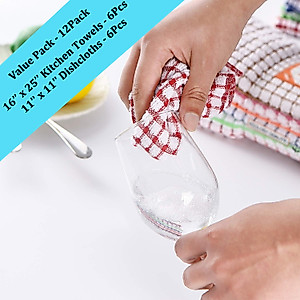 AOTBAT Kitchen Towels and Dishcloths Set, 16 x 25 and 12 x 12, Set of 12 Bulk Cotton Kitchen Towels Set, Dish Towels for Washing Dishes Dish Rags for Everyday Cooking and Baking