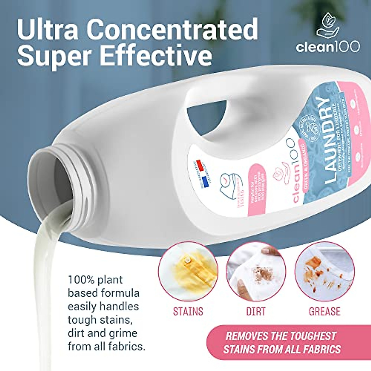 Clean100 100% All Natural Laundry Detergent Liquid for Lingerie 1L - Unscented Plant Based Laundry Detergent Liquid, Chemical & Fragrance-Free - Deep Cleans, Removes Tough Stains, For Sensitive Skin