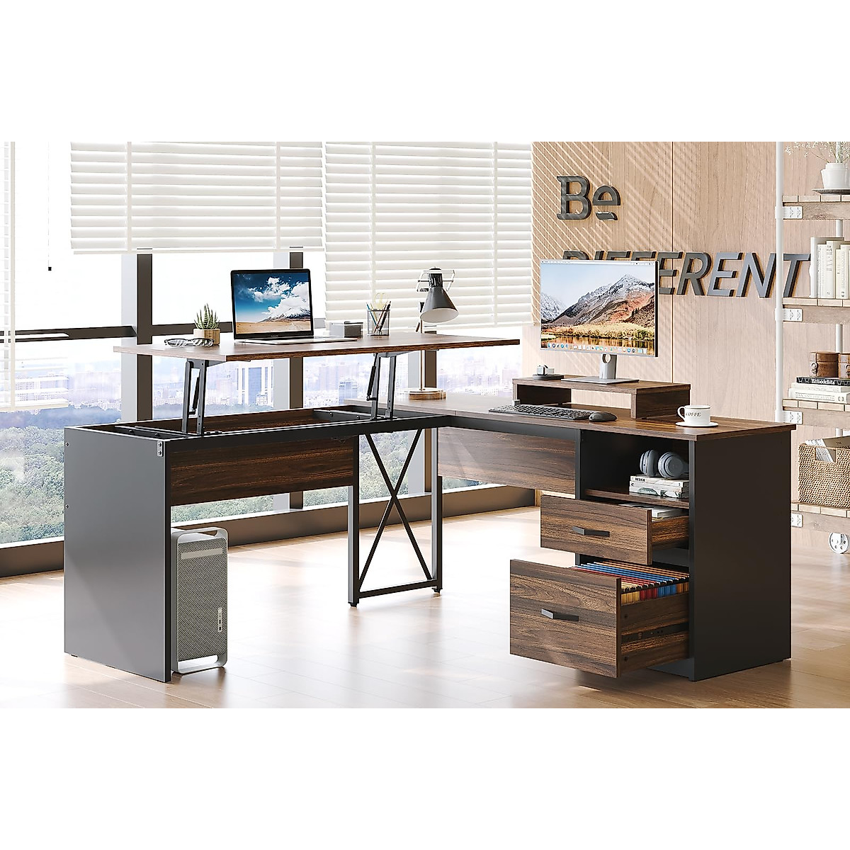 Bestier Lift Top L Shaped Desk with File Drawer, 55'' x 55'' Office Desk with Reversible Storage Drawers, L Shaped Standing Desk with Computer Monitor Stand (Walnut, 55'' x 55'')