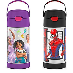 THERMOS FUNTAINER 12 Ounce Stainless Steel Vacuum Insulated Kids Straw Water Bottles | Encanto and Spider-Man