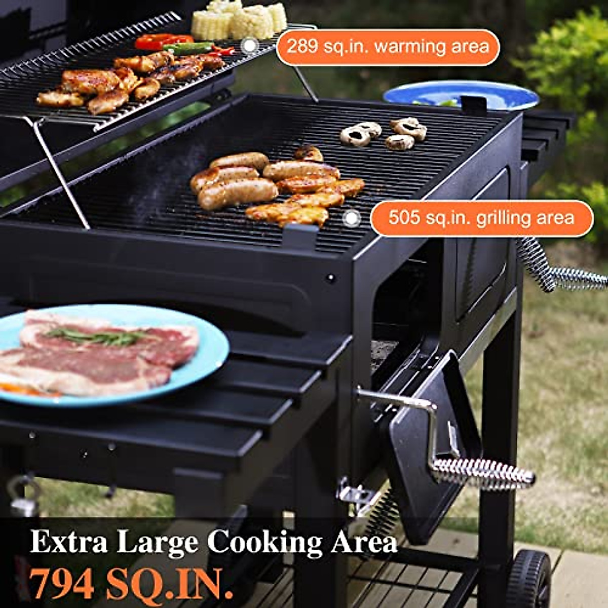 Sophia & William Heavy-duty Charcoal BBQ Grills Extra Large Outdoor Barbecue Grill with 794 SQ.IN. Cooking Area, Dual-Zone Individual & Adjustable Charcoal Tray and Foldable Side Table, Black