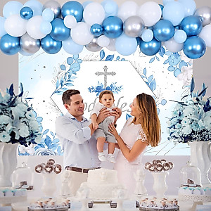 Cheereveal Baptism Party Decorations for Boys Blue, God Bless Party Decorations Blue and Silver Balloon Garland Kit with Backdrop Cross Foil Balloon for First Communion Confirmation Party Supplies