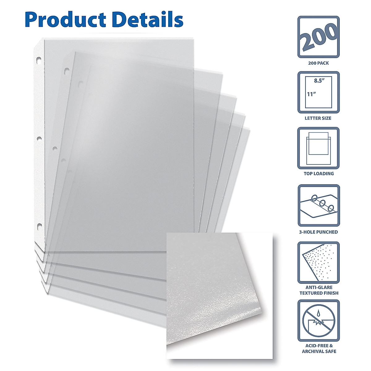 Better Office Products 200 Count Textured Sheet Protectors, 8.5 x 11", Textured for Added Anti Glare, Extra Privacy, and Easier Handling, Top Load, 200 Pack