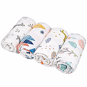 Kingrol 4 Pack Baby Muslin Swaddle Blankets, Soft Unisex Swaddle Wrap for Boys and Girls, Large Neutral Receiving Blanket for Newborn Infant, Bear/Fox/Elk/Elephant