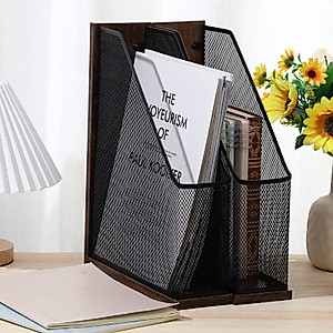 Perkoop 2 Pcs Mesh Magazine File Holder Metal Wooden Magazine File Holder Antique Mesh Wire File Organizer Desktop Magazine Rack Metal Desk Organizer for Document Folder School Office File Storage