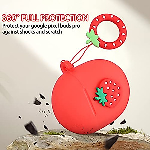 Newseego Compatible Google Pixel Buds Pro(2022) Case, Cute 3D Funny Protective Cover Soft Silicone Cartoon Anti-Lost Shockproof Case with Ring Keychain Design Support Wireless Charging-Red Strawberry